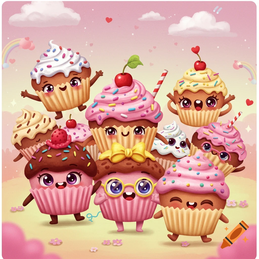 Cute cartoony living cupcakes floating with clouds, hearts, and a ...