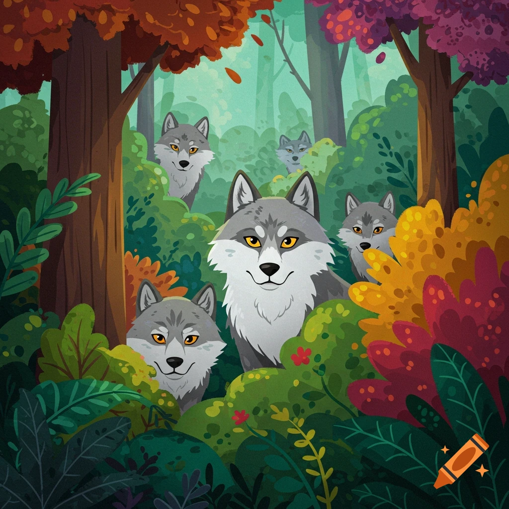 Cartoon wolves hiding among colorful foliage in a forest. on Craiyon