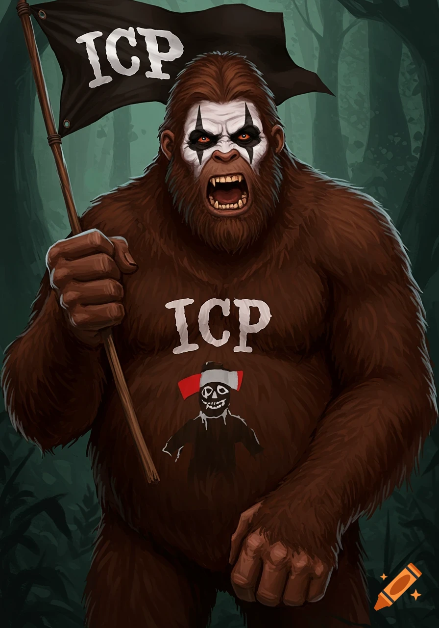 Illustration of Bigfoot with clown face paint holding an ICP flag and ...
