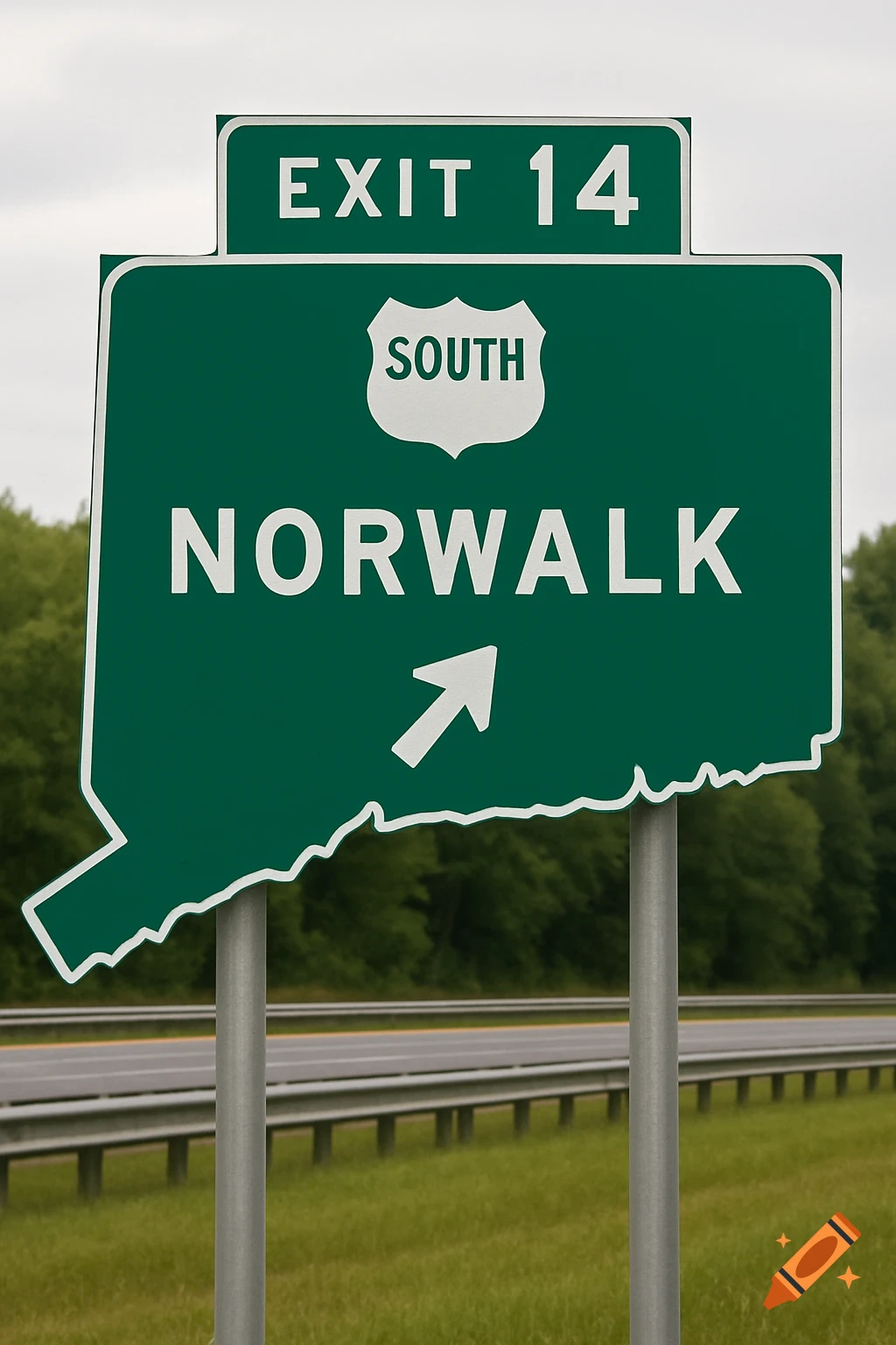 Green highway sign in the shape of Connecticut indicating Exit 14 for ...