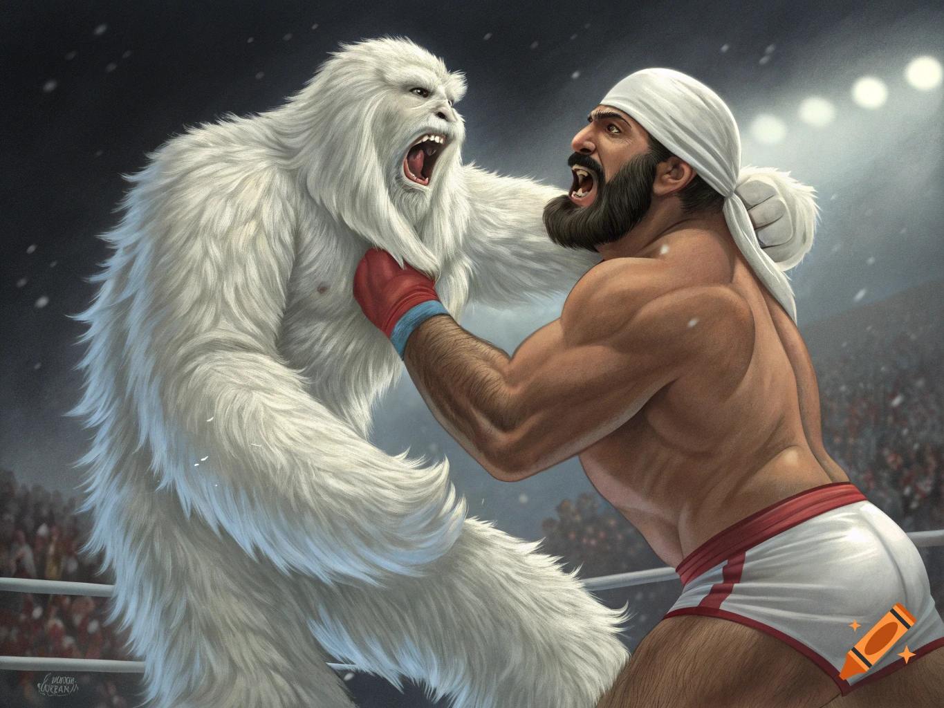 A white furry yeti wrestles a muscular man in a wrestling ring. on Craiyon