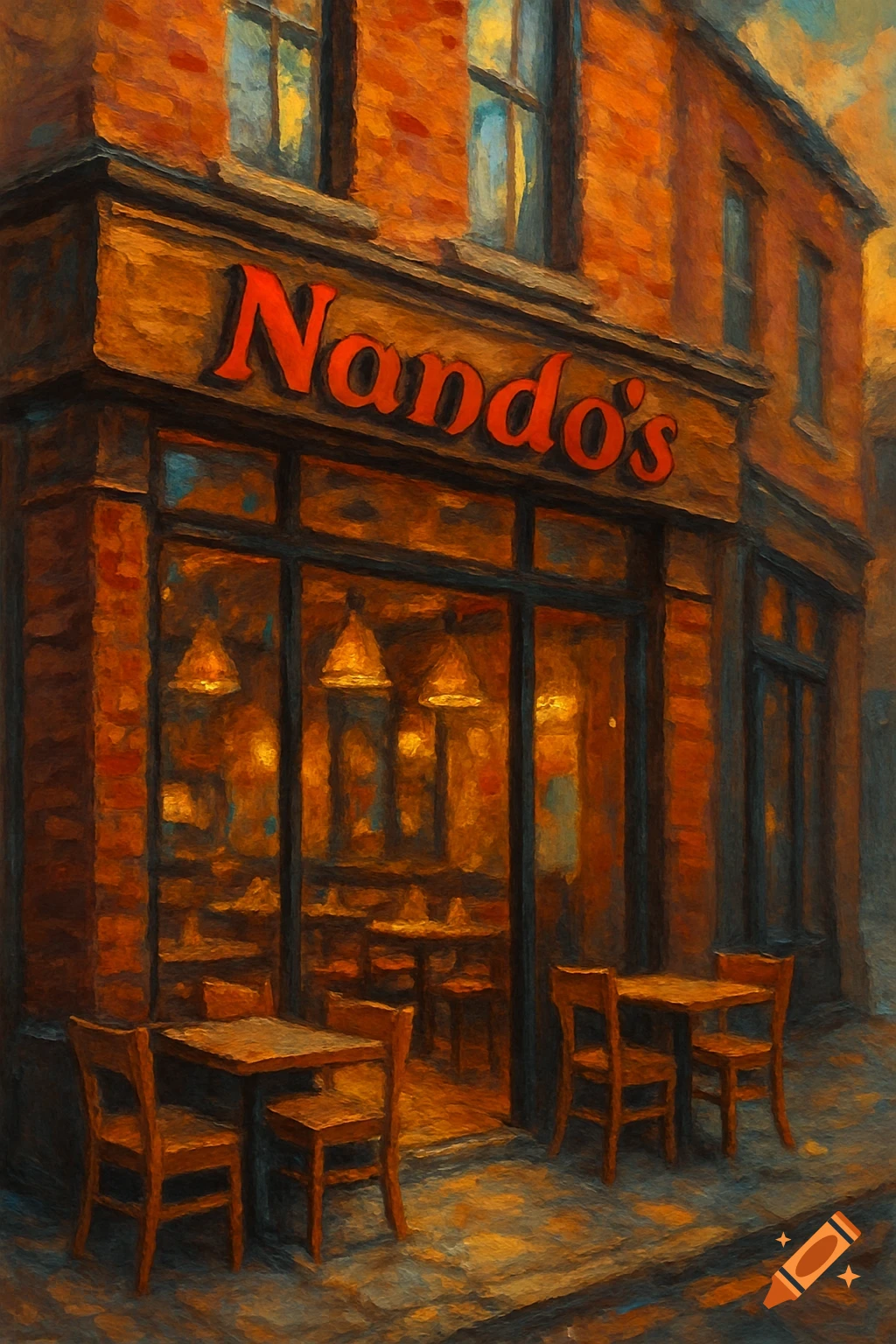Painterly view of a Nando's restaurant exterior with tables outside. on ...