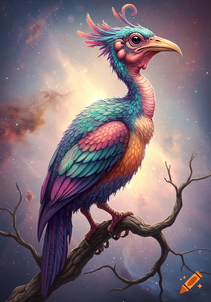 A vibrantly colorful fantasy bird on a branch against a starry galaxy ...