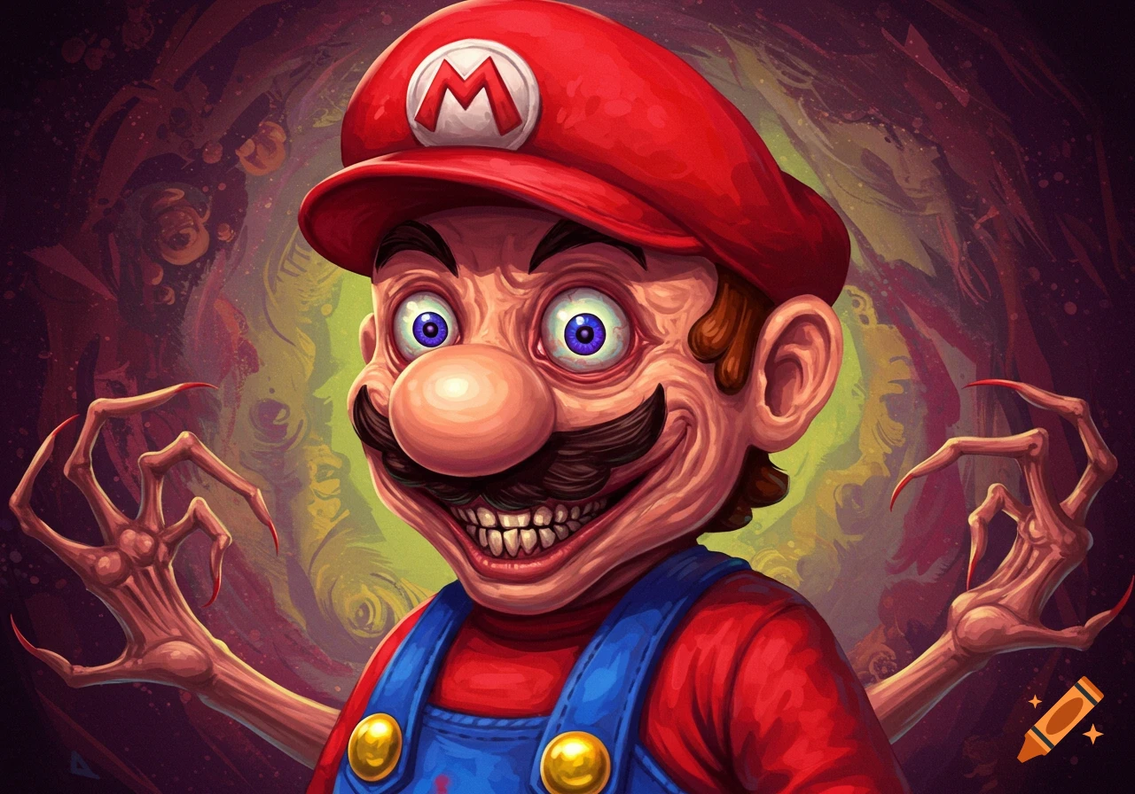 Creepy, distorted Mario with sharp teeth and skeletal hands against a ...
