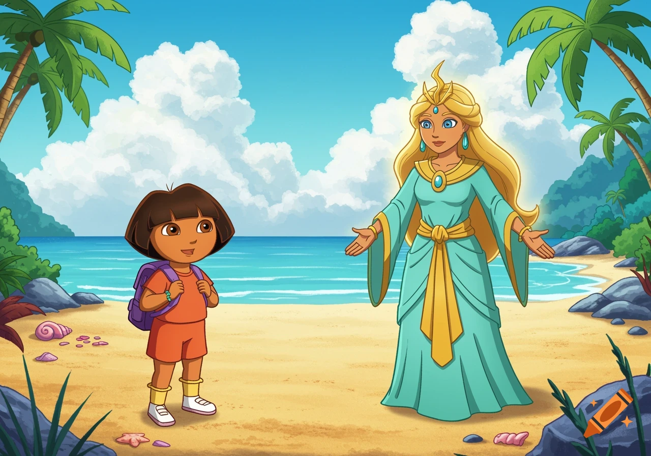 Cartoon of Dora the Explorer meeting a goddess on a tropical beach. on ...