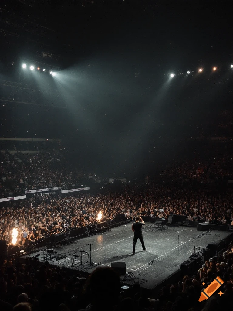 Performer on stage facing a large crowd at a concert with lights and ...