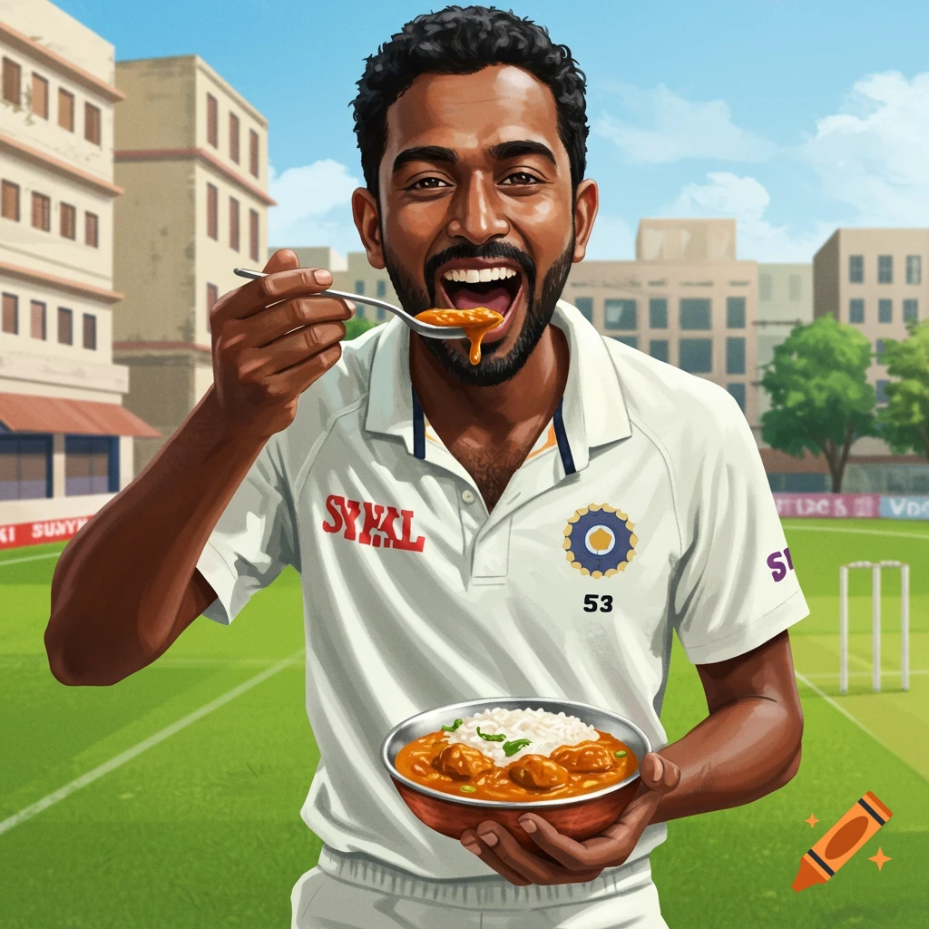 Illustrative image of an Indian man in a cricket uniform eating curry on a cricket field. on Craiyon