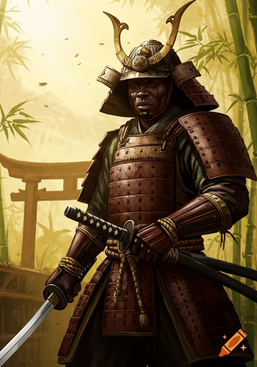 A Black man in samurai armor holding a sword, standing near bamboo and ...