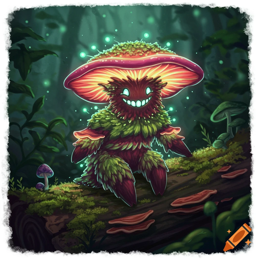 A fantasy creature with a mushroom cap head and mossy body sits on a ...
