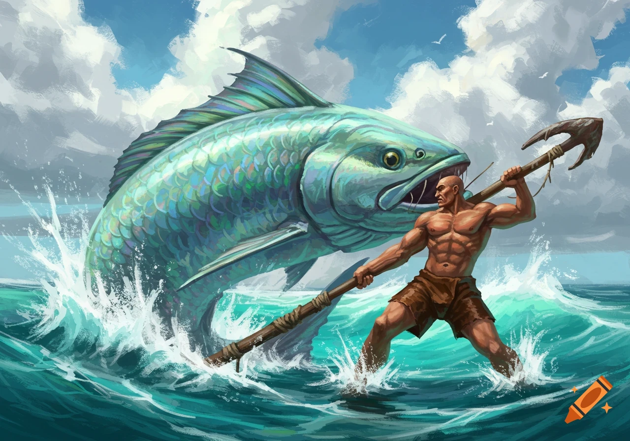 A muscled man fights a giant fish with a spear in the ocean on Craiyon