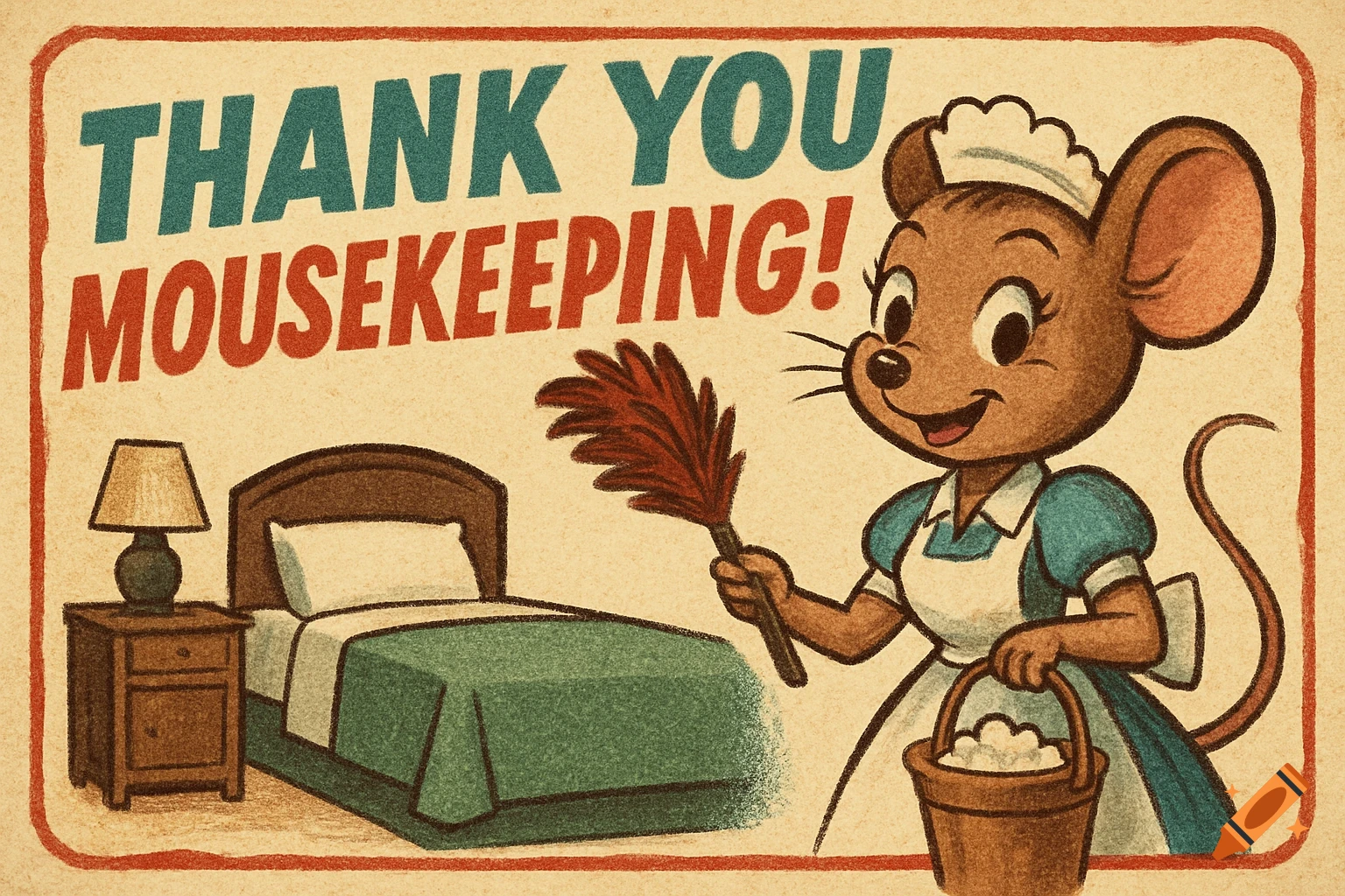 Retro cartoon postcard with a mouse maid, bed, and text THANK YOU ...