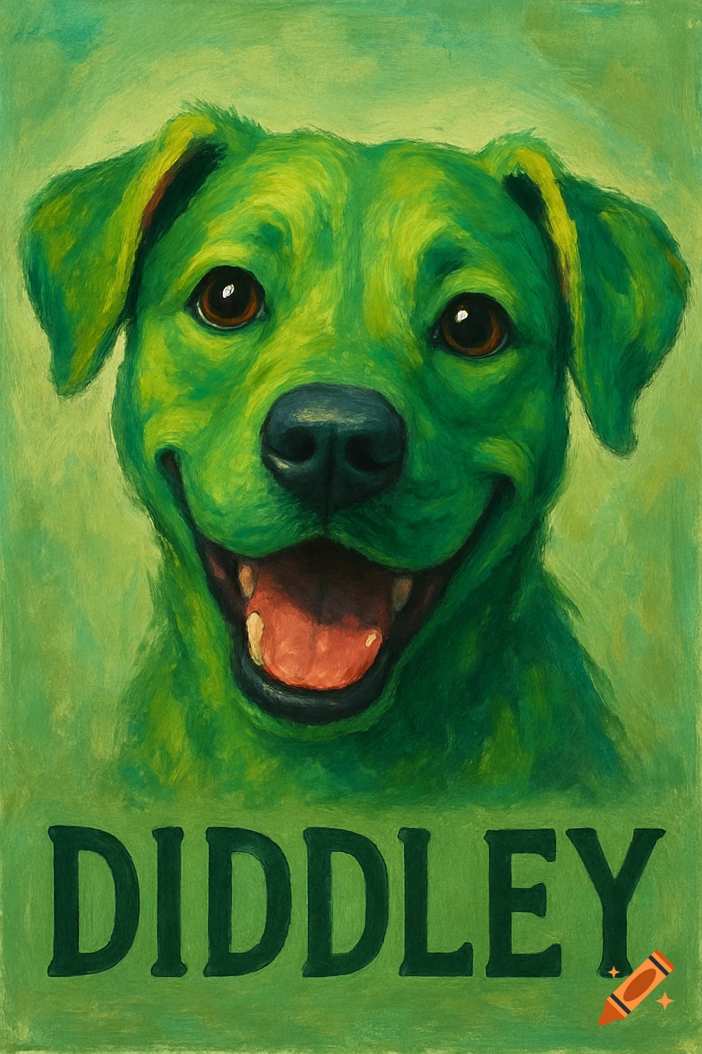 Painting of a smiling bright green dog with the name Diddley below it ...