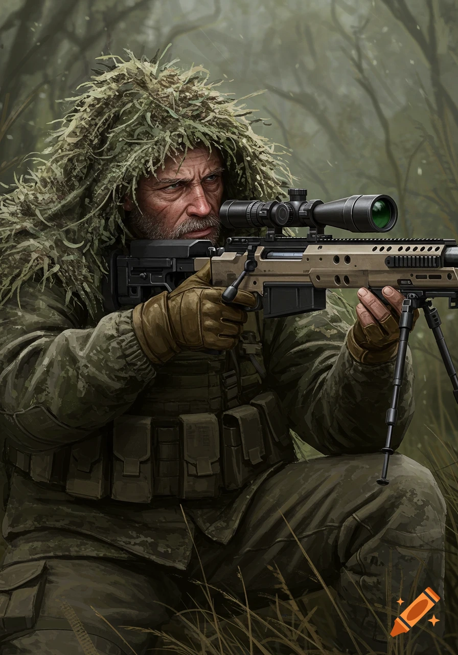 Man in ghillie suit aiming a sniper rifle in a forest, digital painting ...
