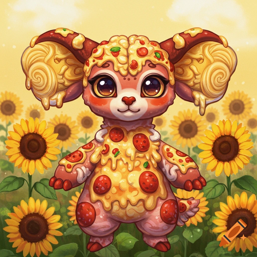 Cute cartoon pizza creature stands in a field of sunflowers. on Craiyon