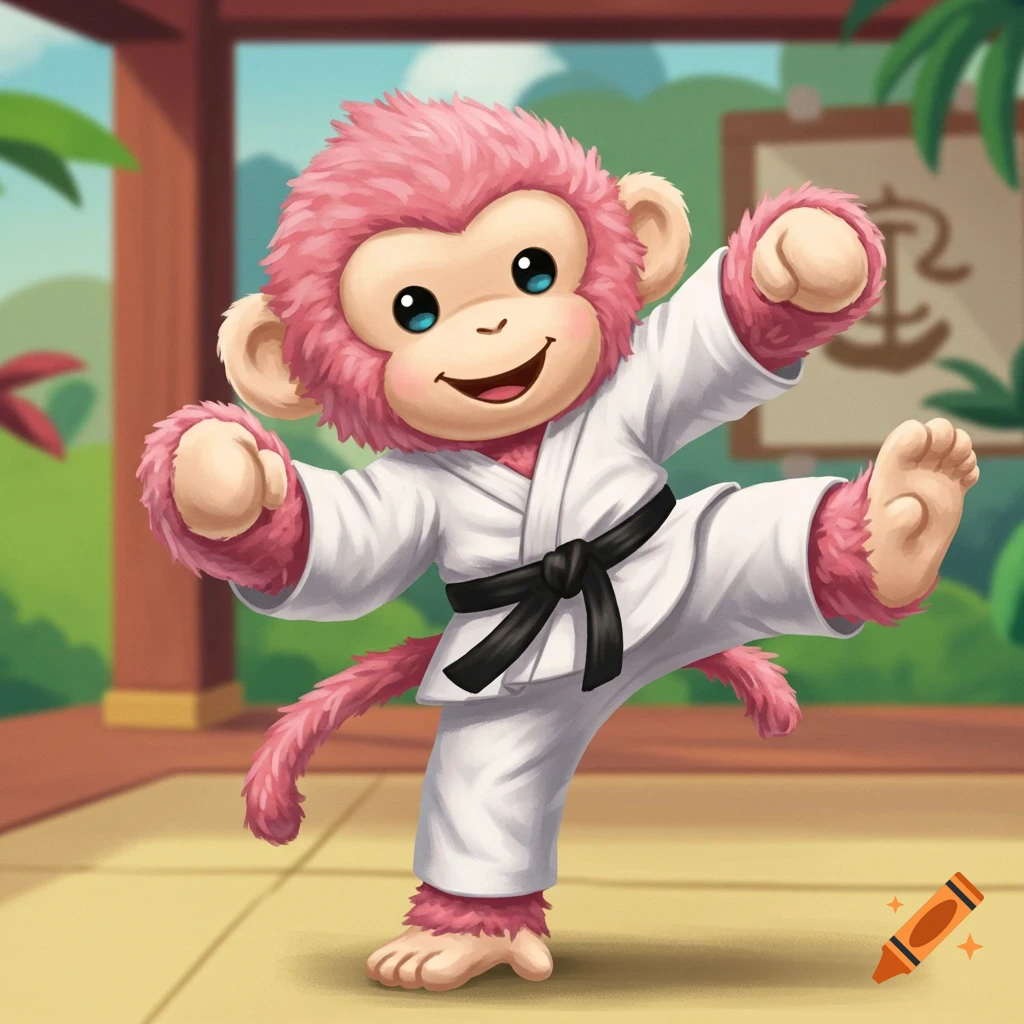 A cute cartoon pink monkey in a white karate gi performs a high kick in ...