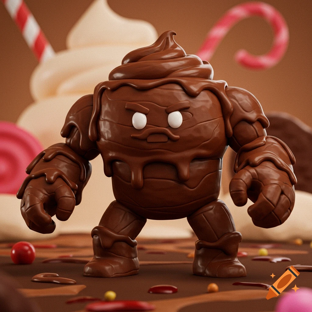 A stylized 3D comic art rendering of a chocolate golem surrounded by ...