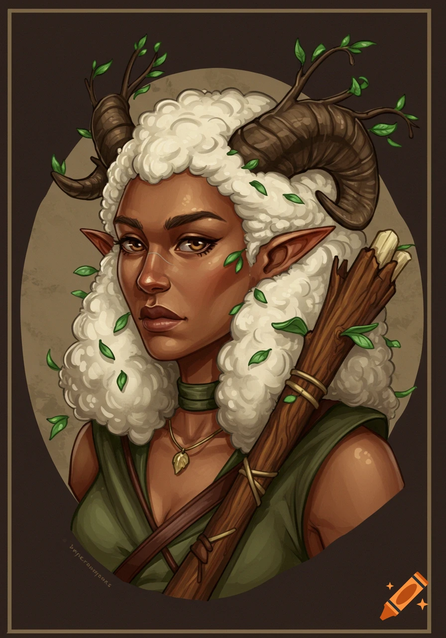 Portrait of a female fantasy character with sheep wool hair and ram ...