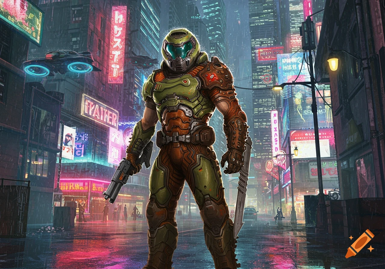 Doom Slayer standing in a rain-slicked cyberpunk city street at night ...