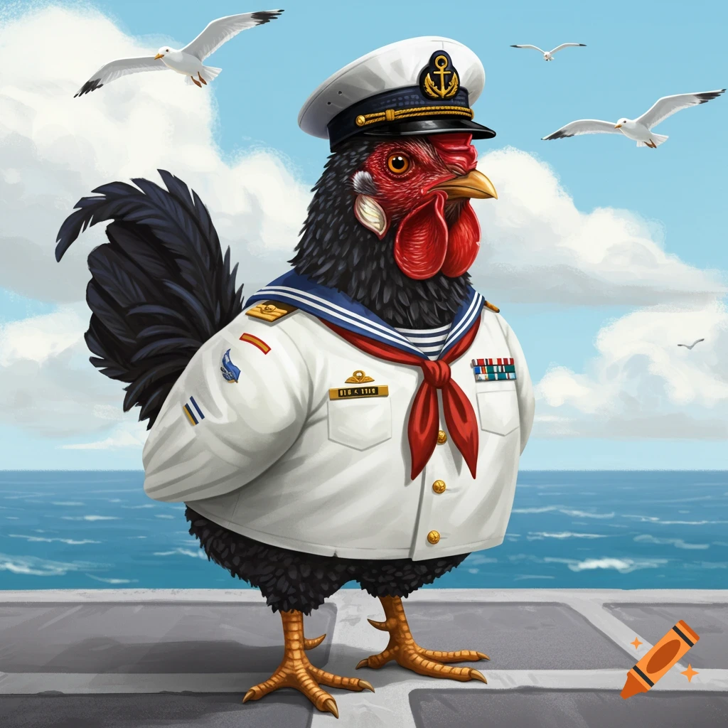 A black and red rooster wearing a white navy sailor uniform stands on a ...