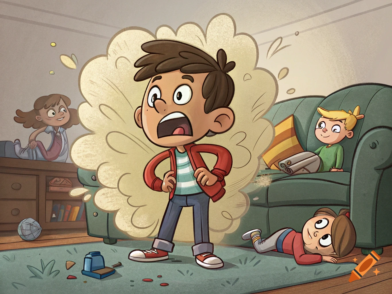 Cartoon illustration of a boy looking shocked as a dust cloud erupts ...