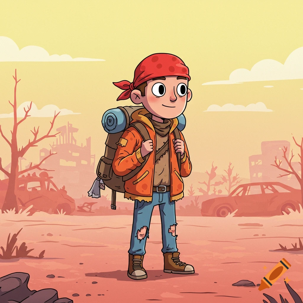 Cartoon of a young wanderer with a backpack in a post-apocalyptic ...