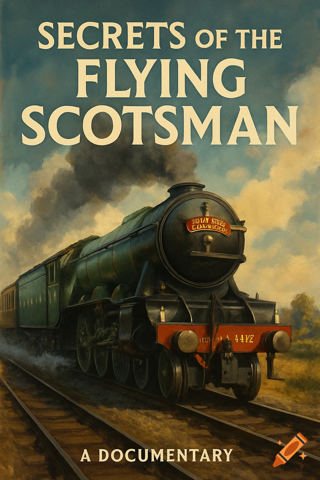 Vintage poster of a steam train, the Flying Scotsman, on tracks under a ...