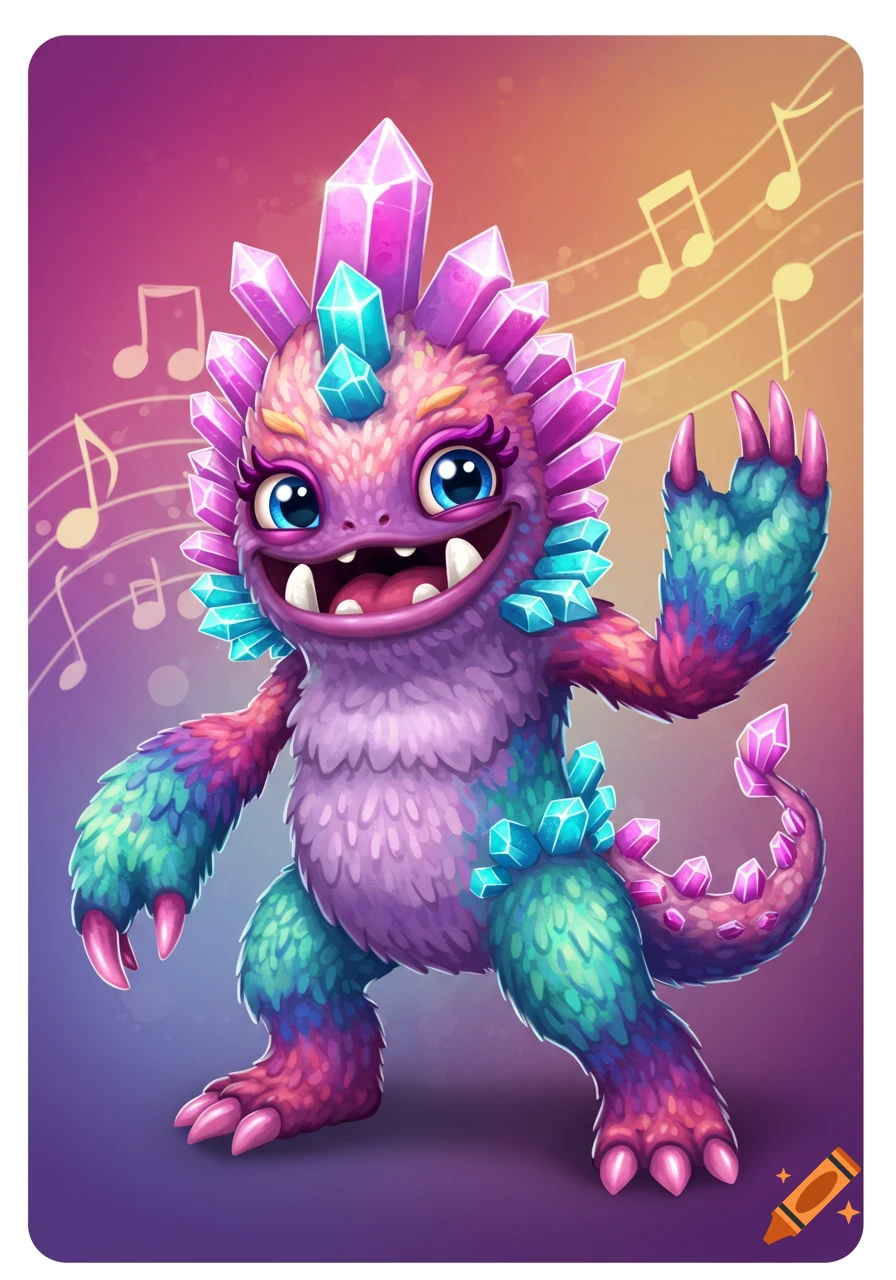 A colorful cartoon monster with crystals, surrounded by musical notes ...