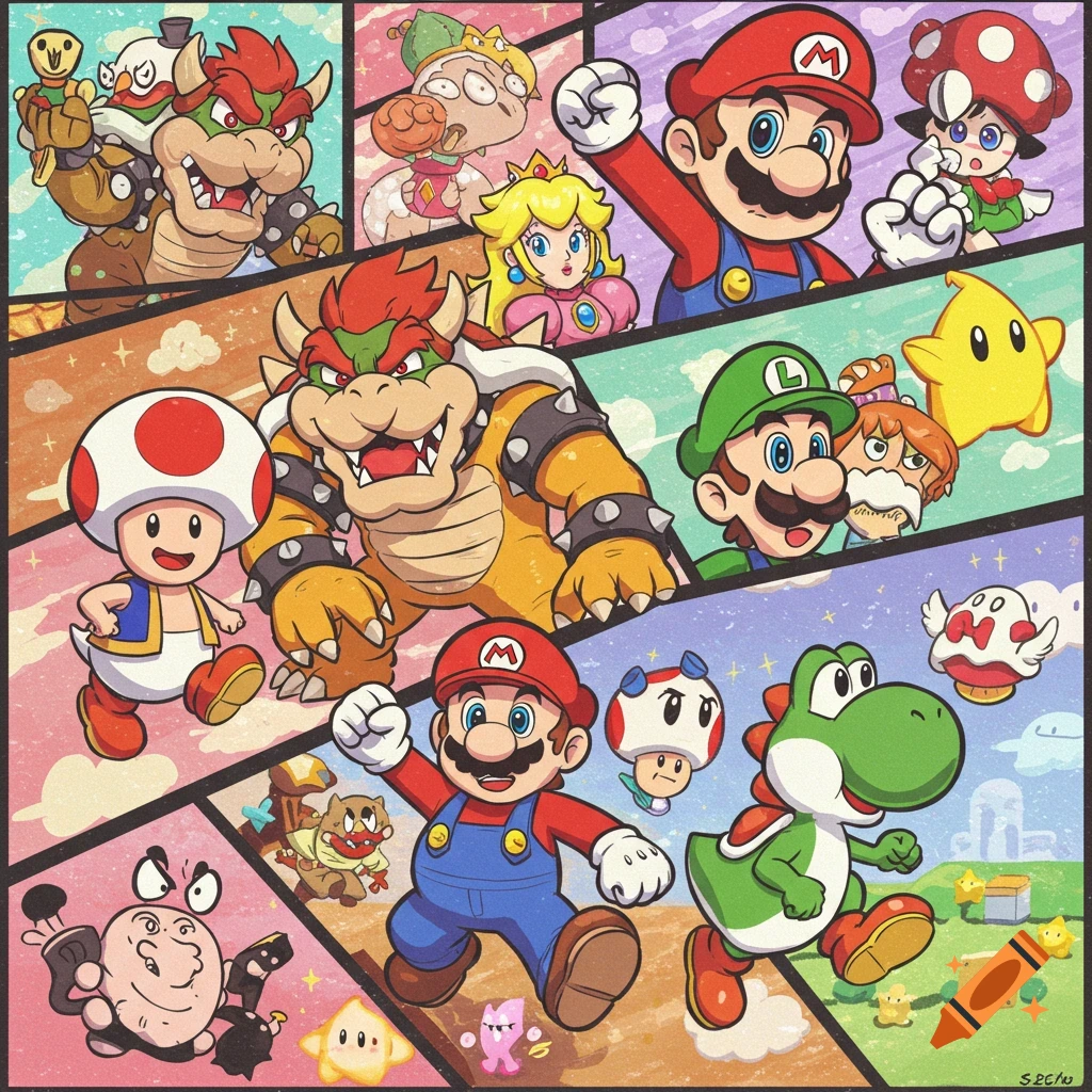 Cartoon collage featuring various Super Mario characters like Mario ...