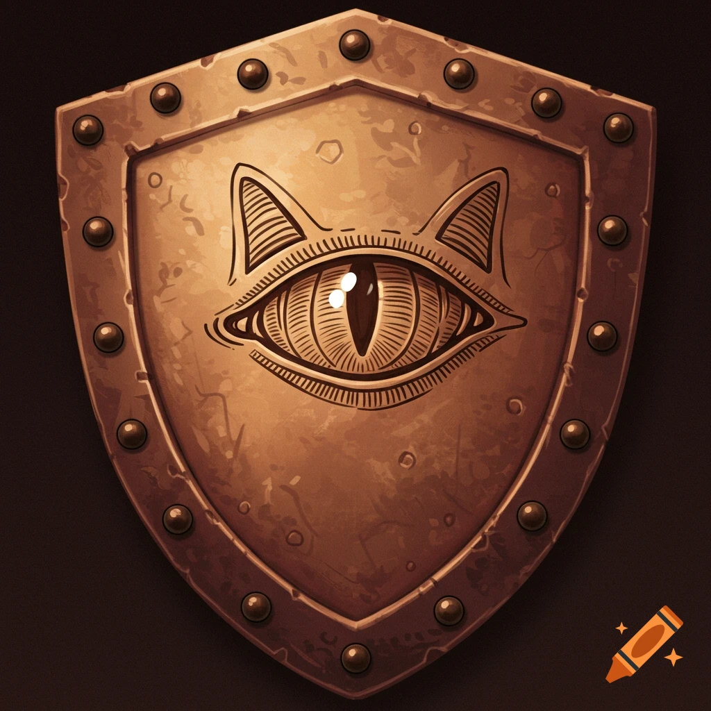 An unadorned bronze shield with studs around the edge and an engraved cat eye in the center. on ...