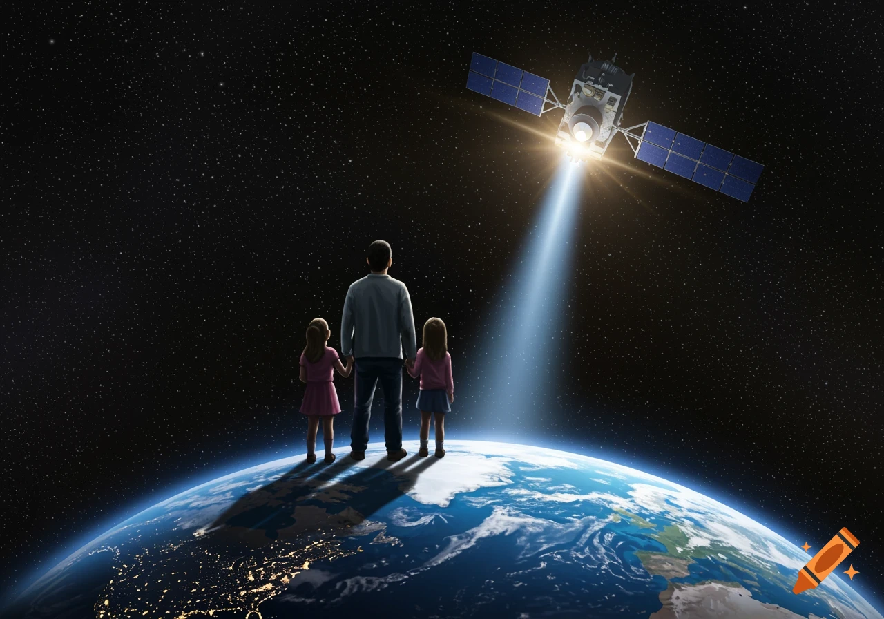 A man and two children stand on Earth looking up at a satellite in ...