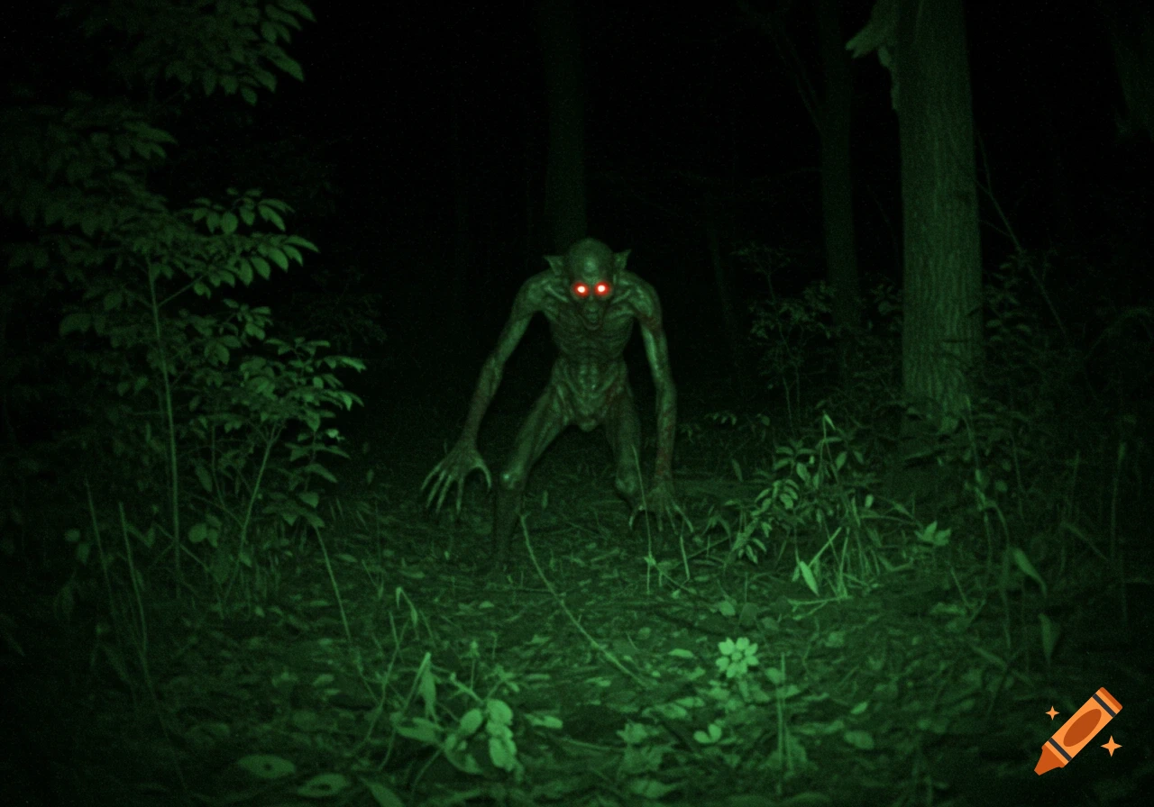 A horrific cryptid with glowing red eyes stands in a dark forest, seen through grainy night ...