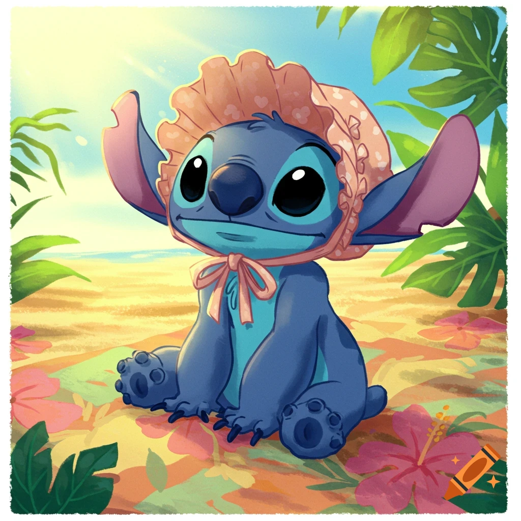 Illustration of Stitch wearing a bonnet on a beach on Craiyon