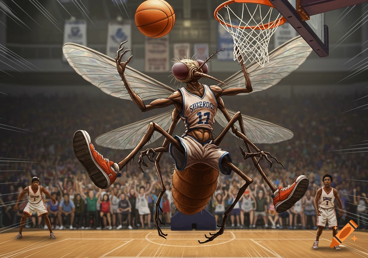 An anthropomorphic mosquito in a jersey slam dunking a basketball in a ...