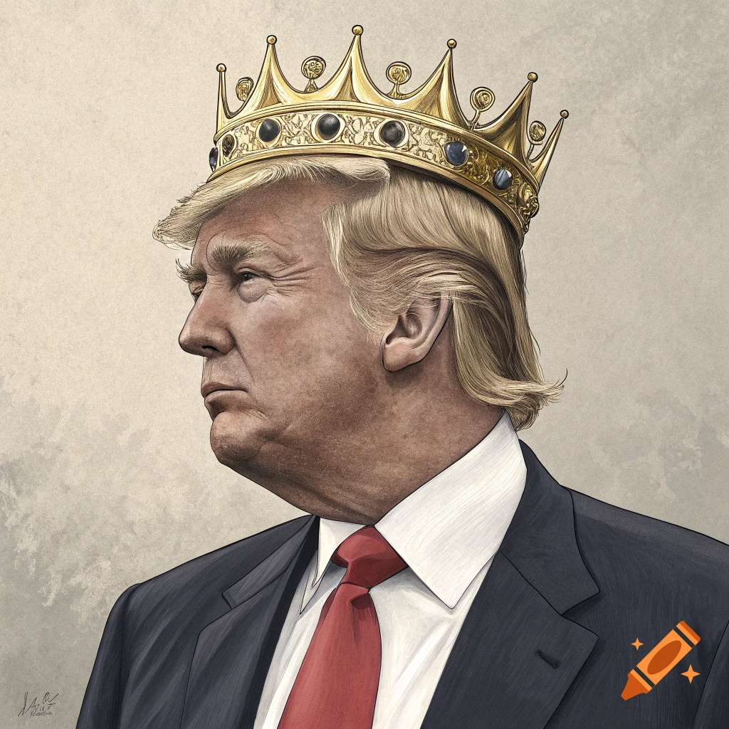 Illustration of Donald Trump wearing a golden crown, suit, and red tie ...