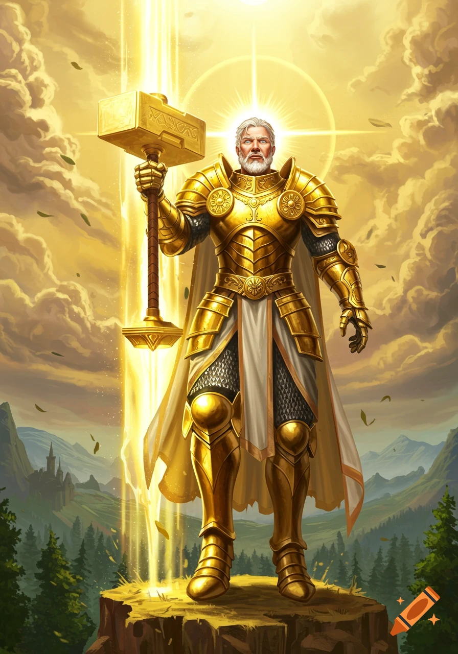 A holy paladin in shining golden armor stands on a rock, holding a ...