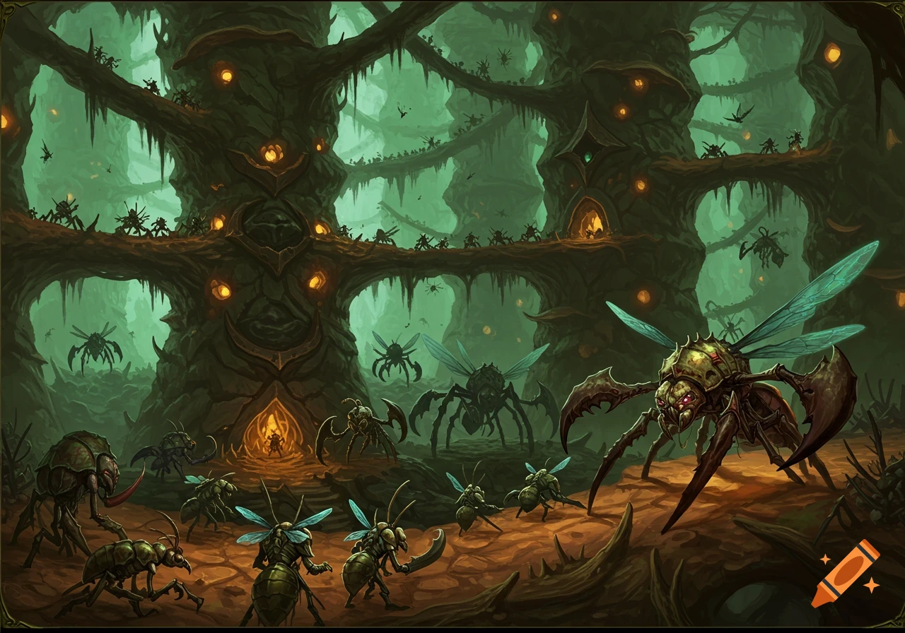 Fantasy art of insectoid creatures in a dark, organic hive environment ...