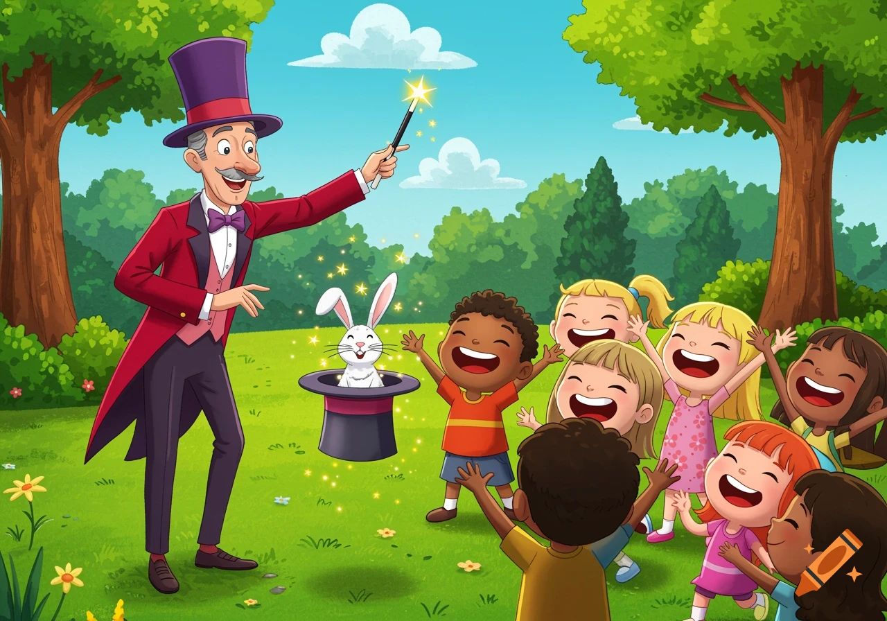 Cartoon illustration of a magician pulling a rabbit out of a hat for ...