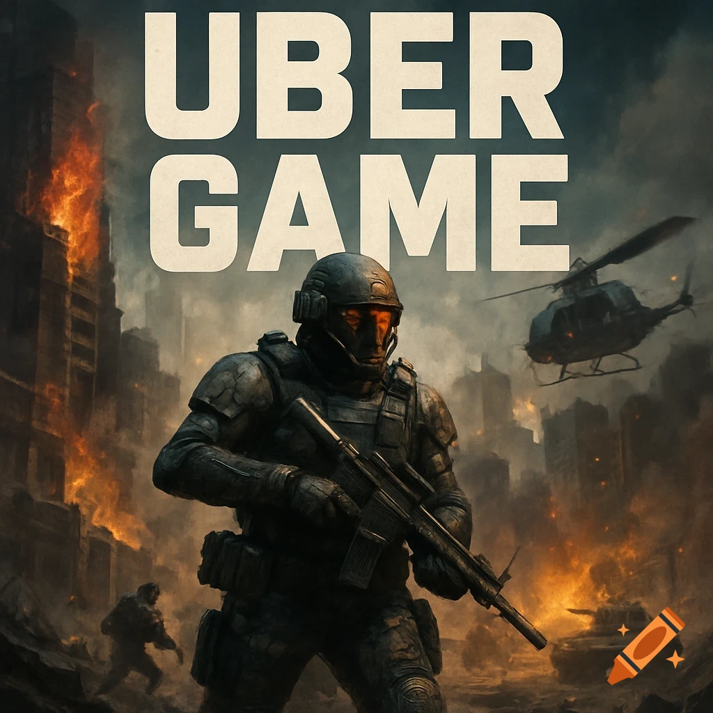 Soldier with rifle in ruined city with helicopter and tank, text reads ...