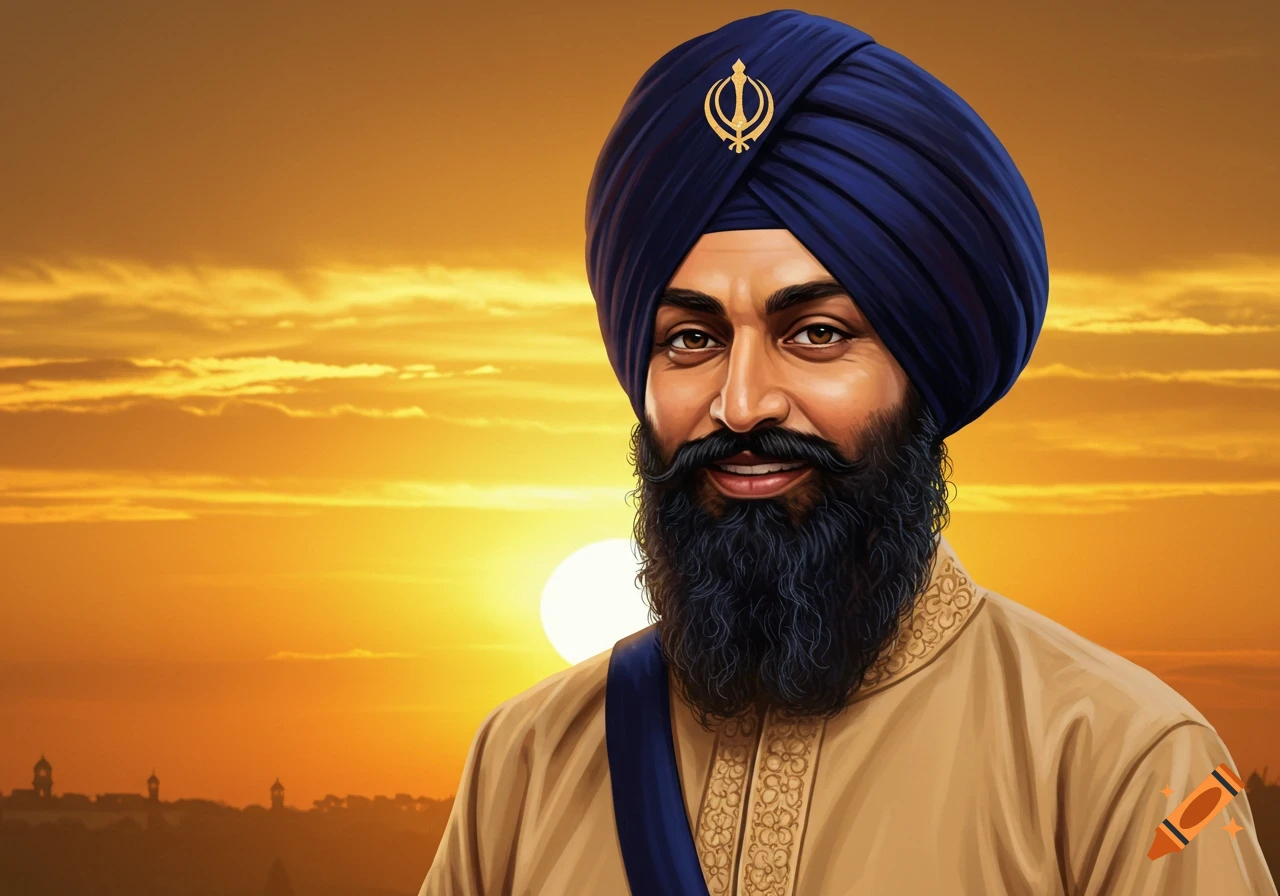 Portrait of a Sikh man in blue turban with Khanda symbol smiling ...