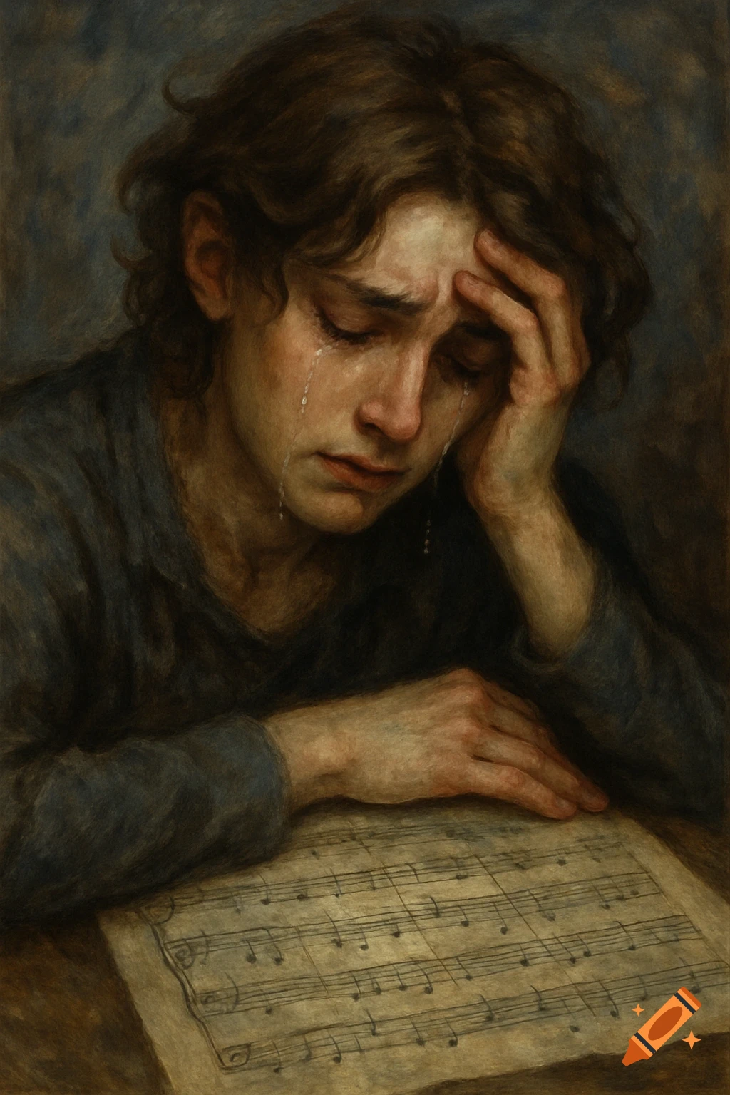 A young person crying, holding their head, looking at sheet music in a ...