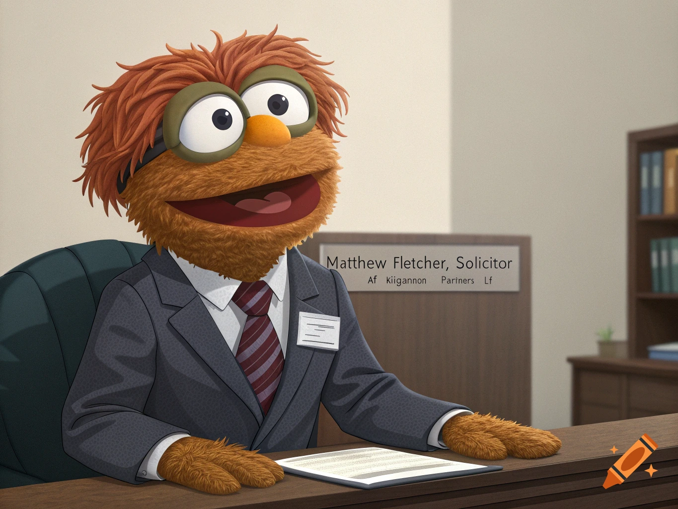 A furry Muppet character wearing a suit and tie sits at a desk in an ...