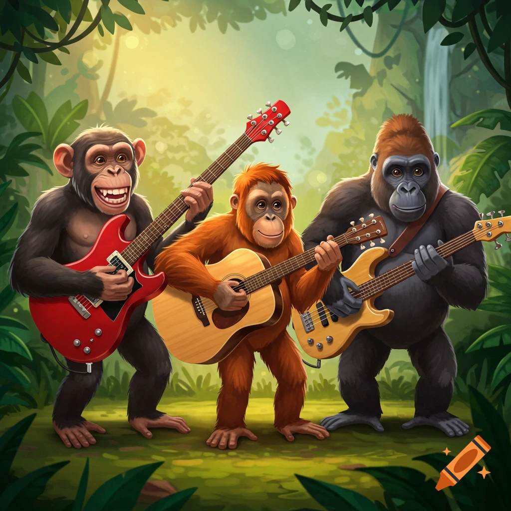 Cartoon chimpanzee, orangutan, and gorilla playing guitars in a jungle on Craiyon