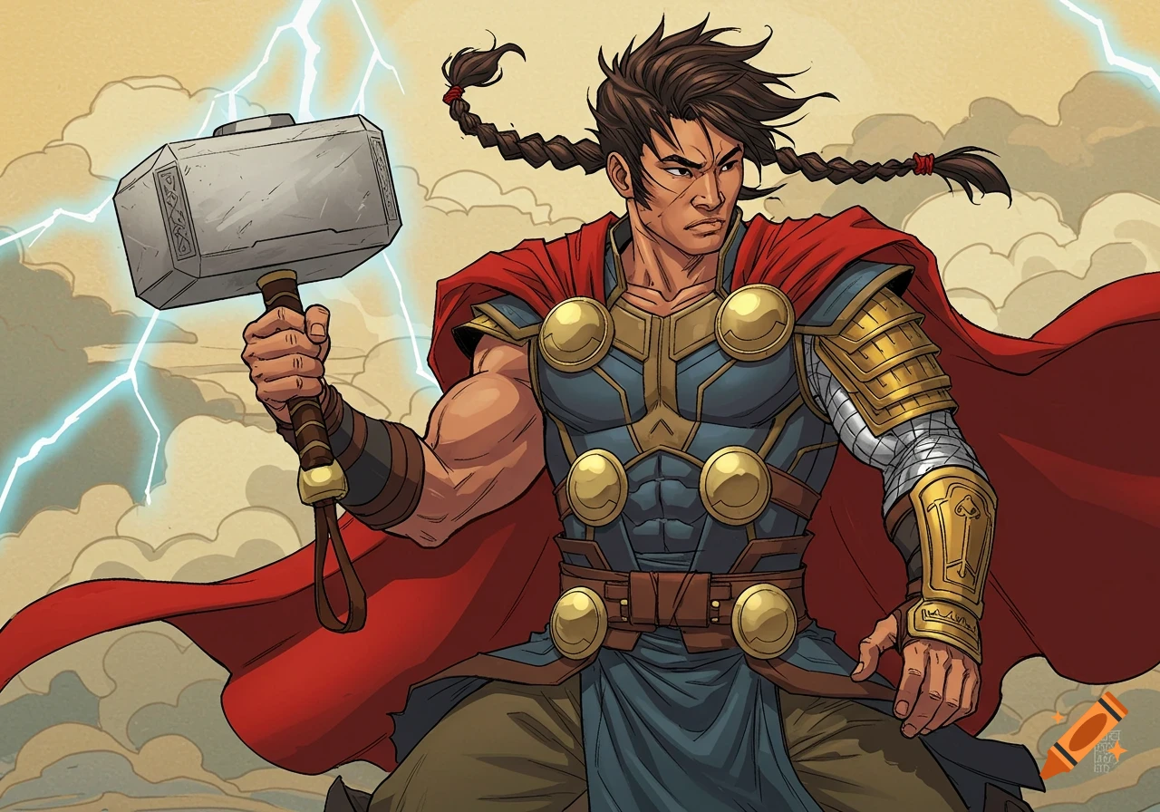 Muscular Asian man resembling Thor in armor and red cape holds hammer ...