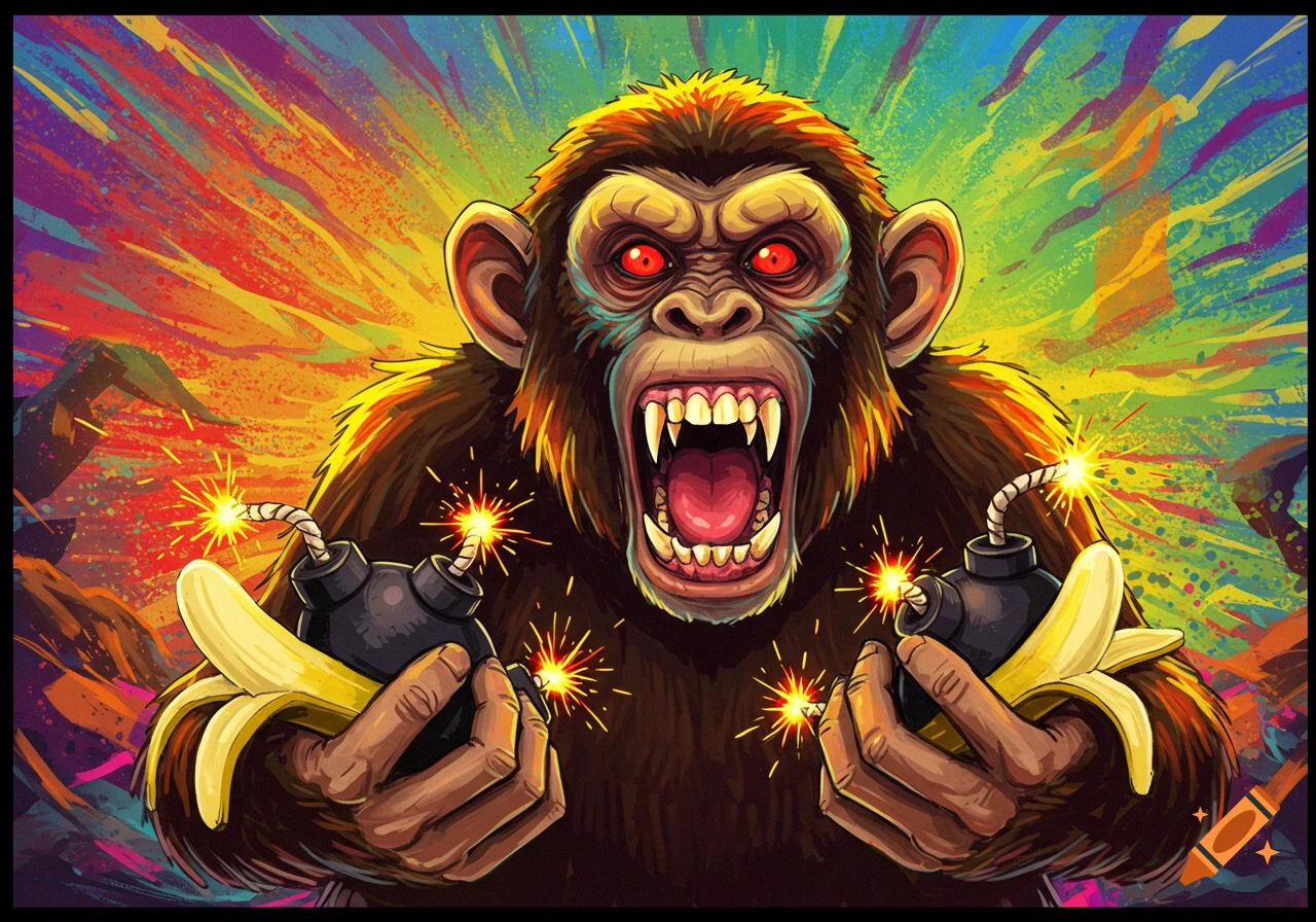 An angry, stylized monkey with red eyes and sharp teeth holds two ignited banana-shaped bombs ...