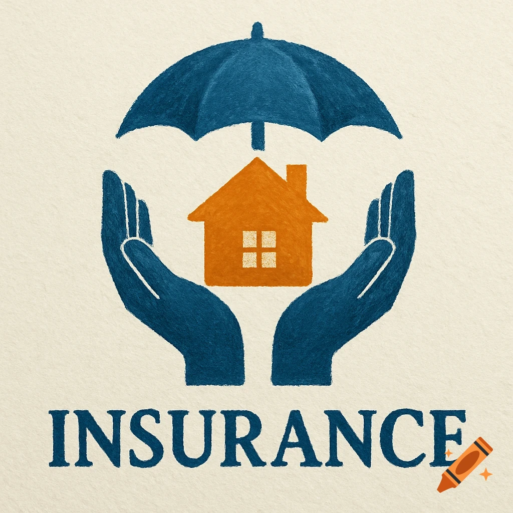 Illustration of hands holding a house under an umbrella above the word ...