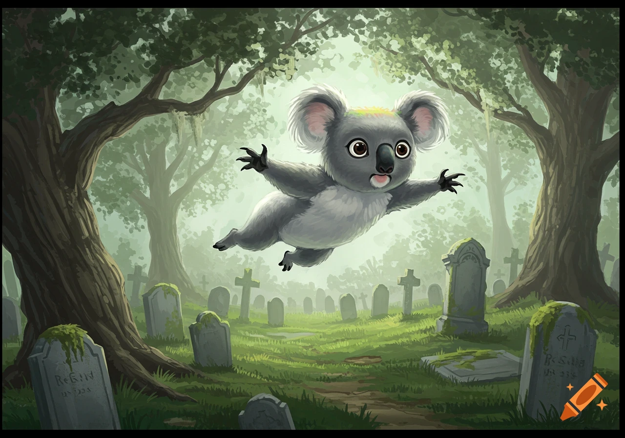 A cute cartoon koala flies over a foggy graveyard with mossy trees and ...