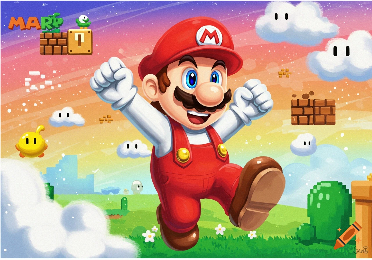 Mario jumps in a Super Mario Bros. level with bricks, clouds, and a ...