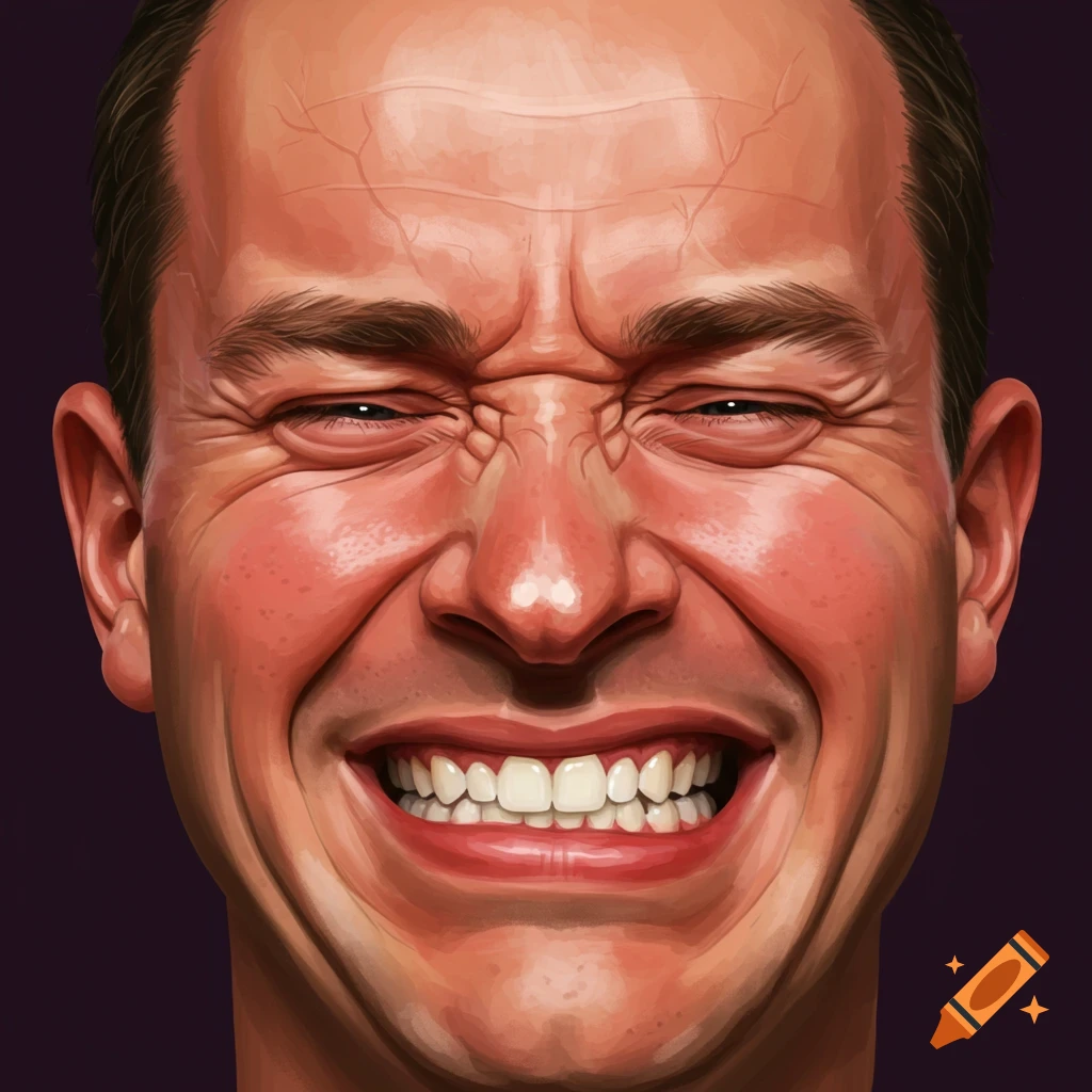 Close-up digital painting of a man's face grimacing with eyes squinted ...
