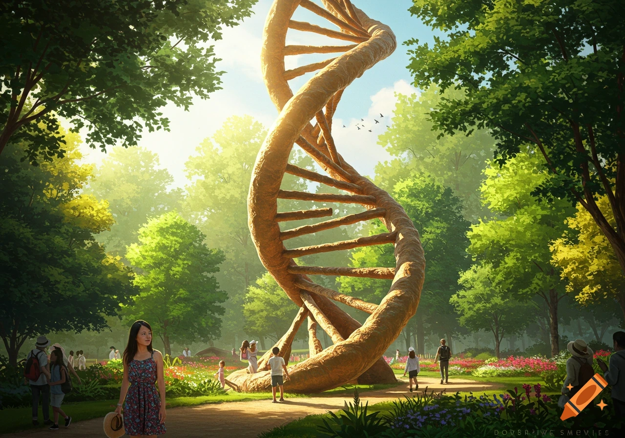 Giant bronze DNA sculpture in a sunny park with people walking around ...