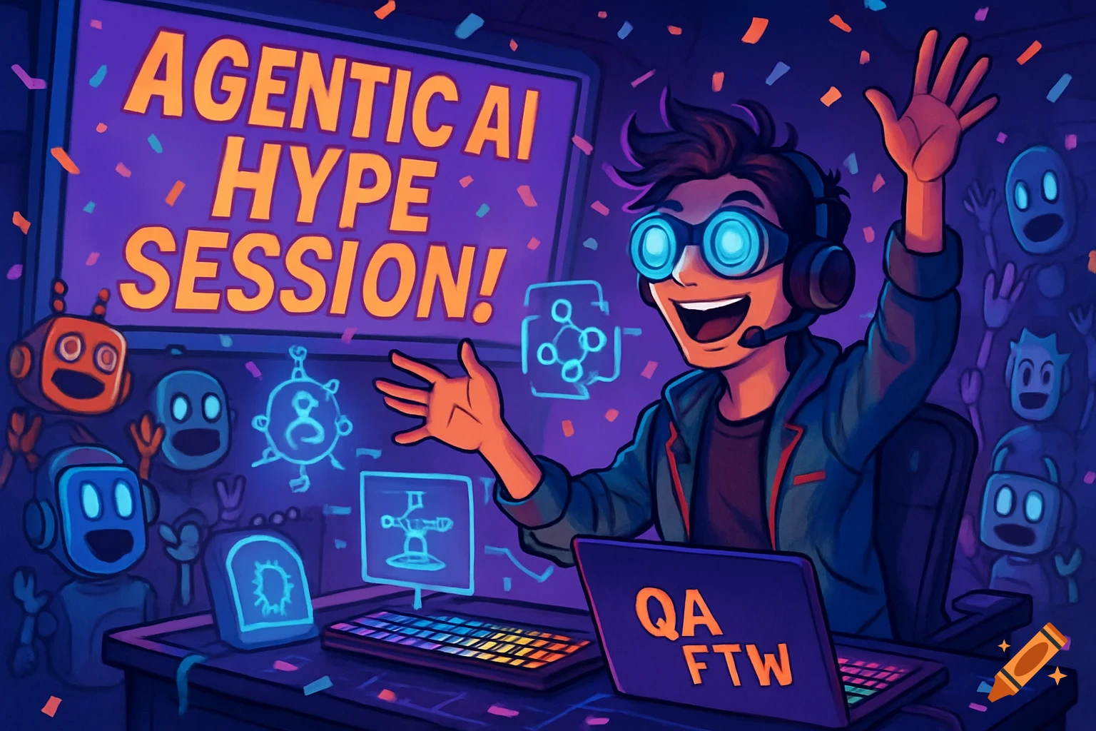 Cartoon illustration of a futuristic engineer with goggles presenting ...